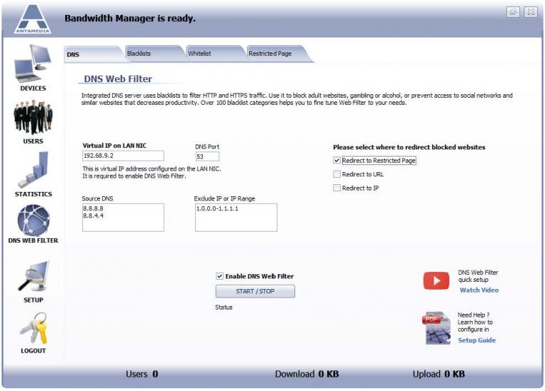 DNS Web Filter Setup I Antamedia software