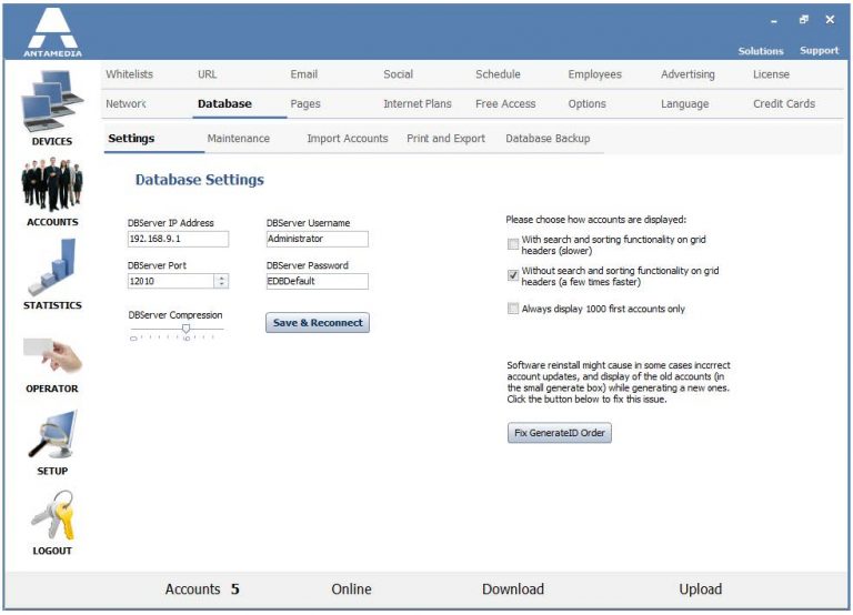 Database Settings I Antamedia software