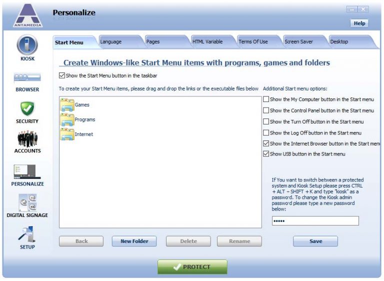 Kiosk Start Menu I Antamedia software